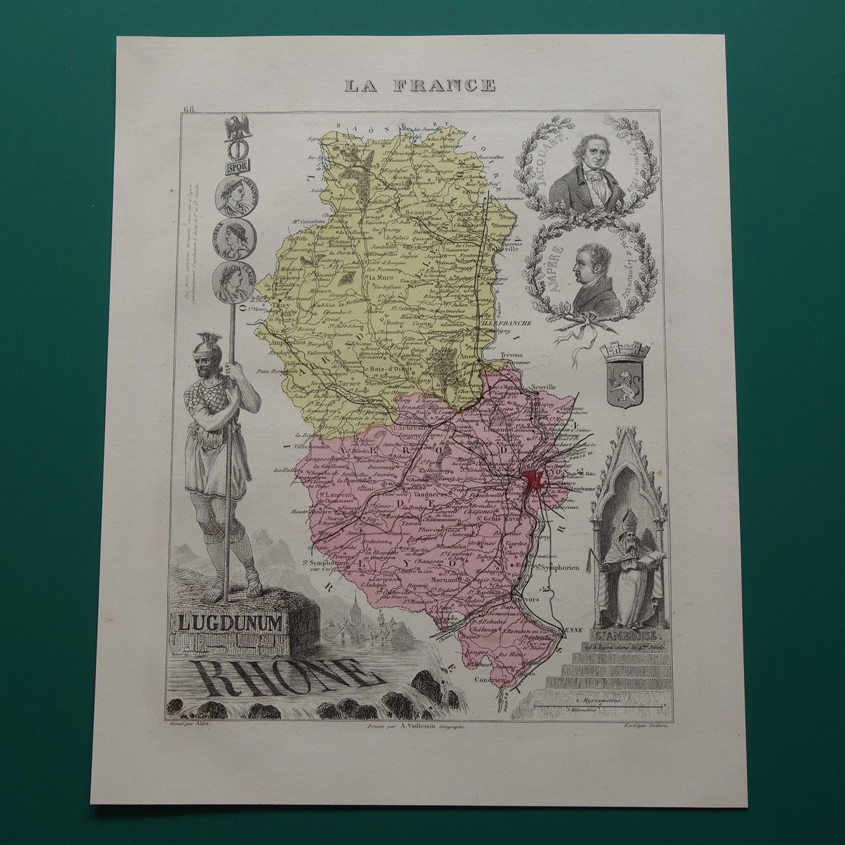 RHONE Oude kaart van Rhône departement in Frankrijk uit 1876 originele ...