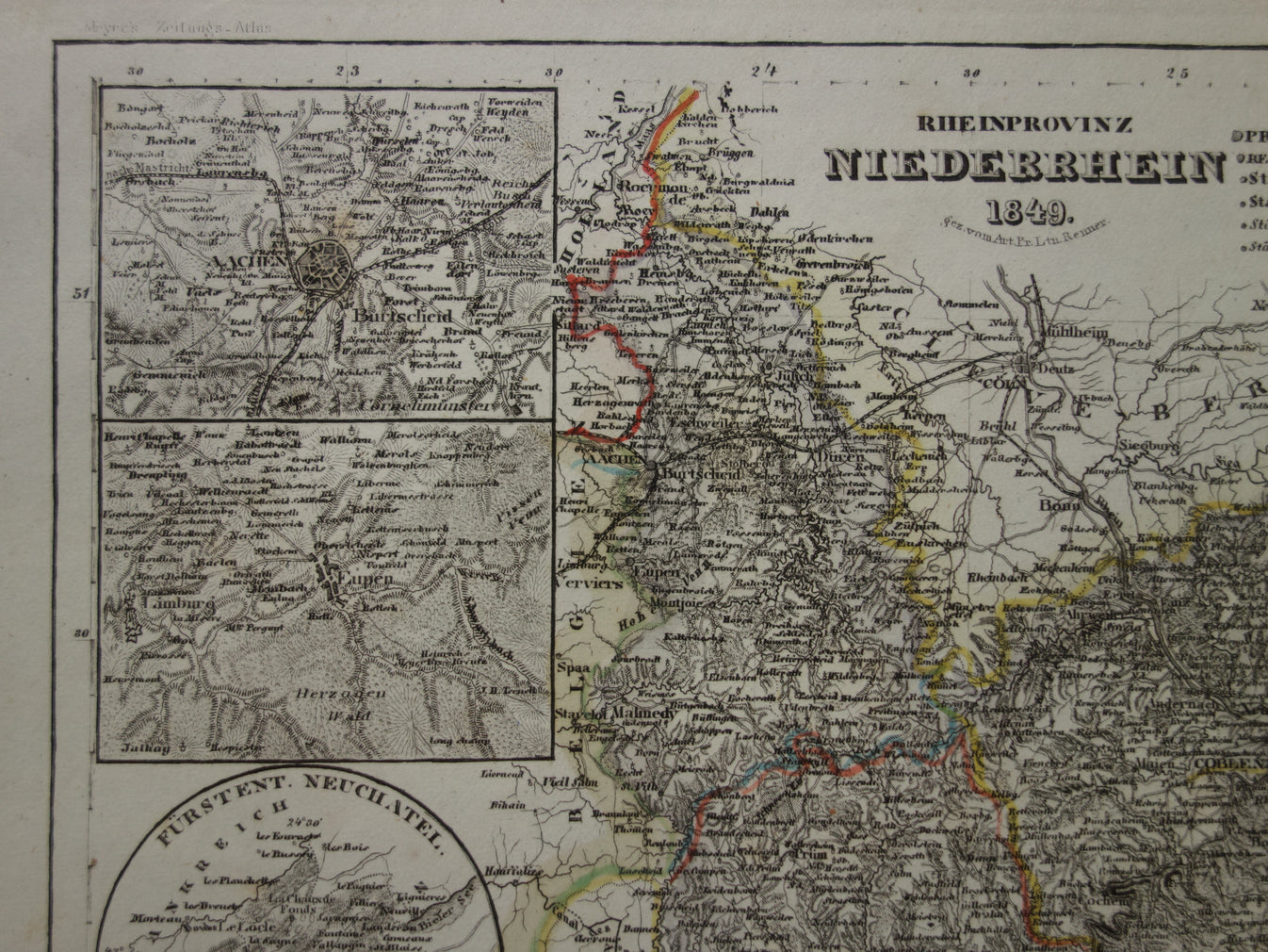Oude kaart van Nederrijn Duitsland 175+ jaar oude handgekleurde landka ...