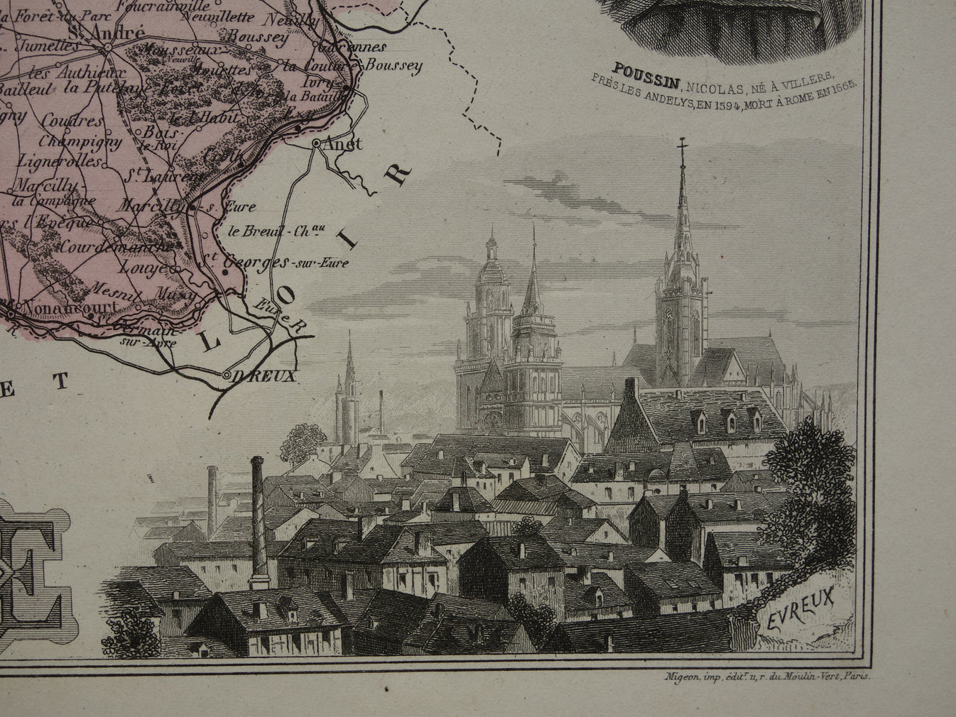 EURE Oude kaart van Eure departement in Frankrijk uit 1882 originele a ...