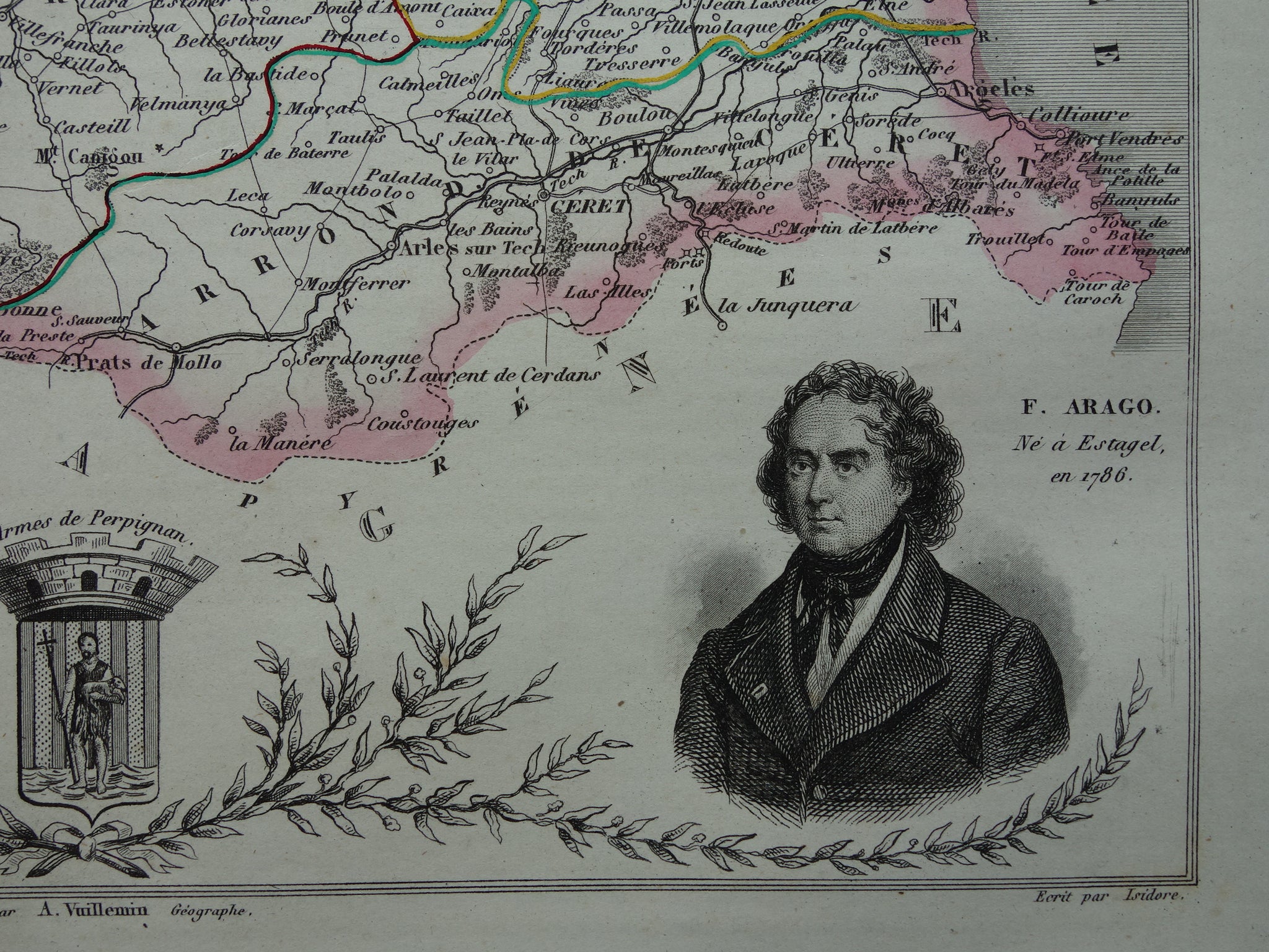 Antieke kaart van Pyrénées-Orientales departement in Frankrijk uit 185 ...