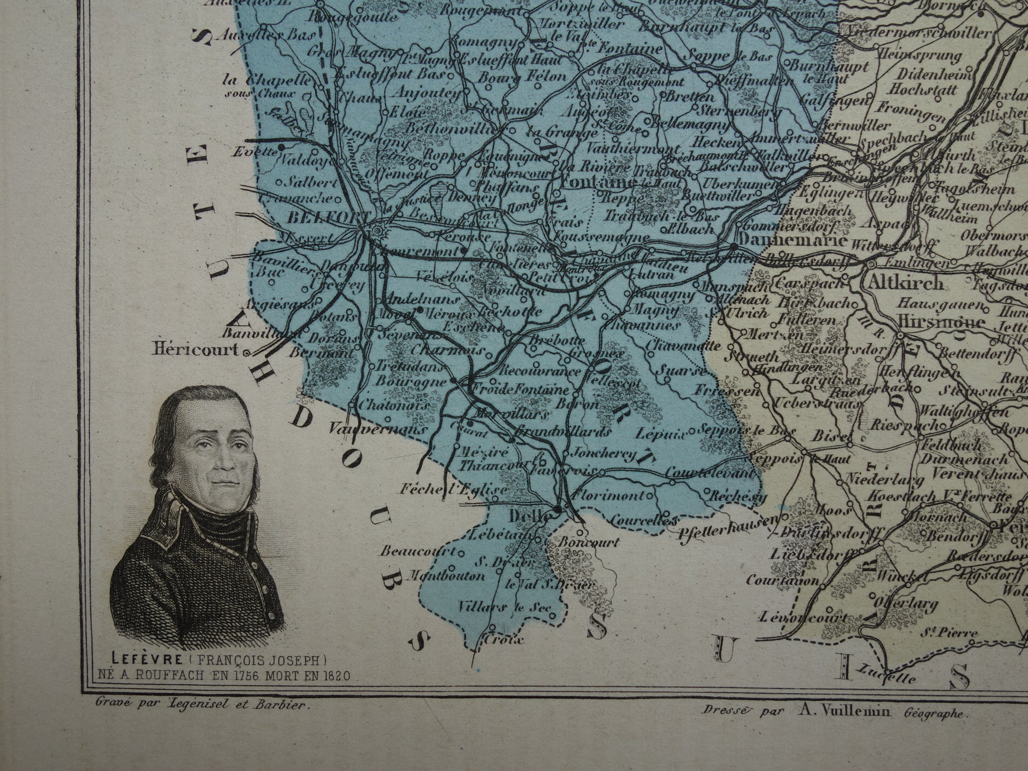 Haut-Rhin Frankrijk Oude kaart uit 1882 originele antieke handgekleurd ...